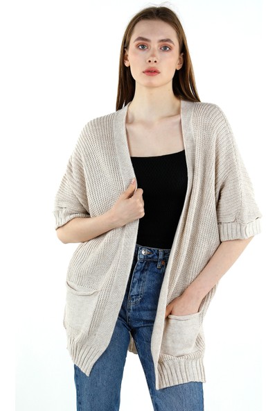 Açelya Kadın Cep Detaylı Fakir Kol Triko Hırka