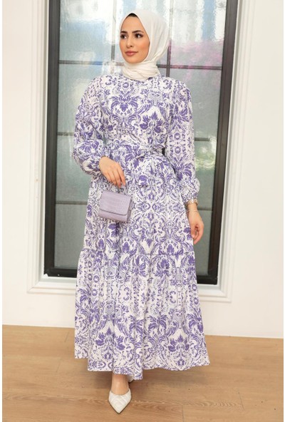 Neva Style - Desenli Lila Tesettür Elbise 23071LILA