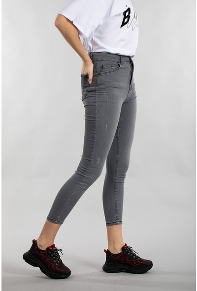 Kadın Yüksek Bel Skinny Lazerli Jean Pantolon -Gri