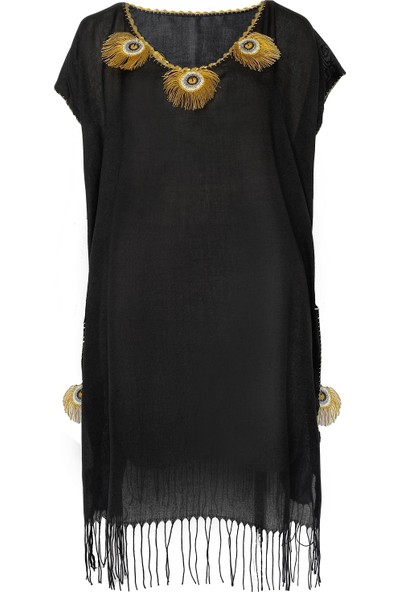 MAREVER FASHION El Işi Nazar Boncuklu Hardal Püsküllü Siyah Plaj Elbisesi