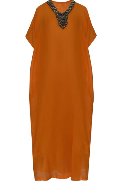 MAREVER FASHION El Işi Dore Yaka Turuncu Yazlık Plaj Elbisesi MAREVER FASHION El Işi Dore Yaka Turuncu Yazlık Plaj Elbisesi