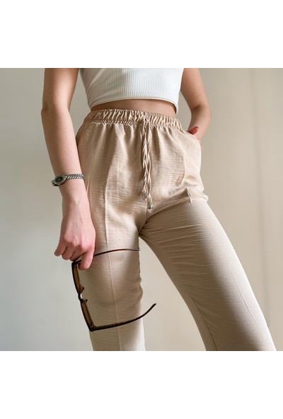 Ruuz Rahat Kesim Bej Rengi Keten Pantolon