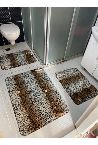 Alper Başhelvacı Leopar Desen Peluş Tuşe 3 Paspaslı Klozet Takımı 3'lü Set - 70X100 cm + 50X70 cm + 50X70 cm