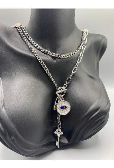 Bujiteri Dükkanı Gümüş Renk Çelik Halka Zincirli Göz ve Kilit Anahtar Figürlü Set Kolye