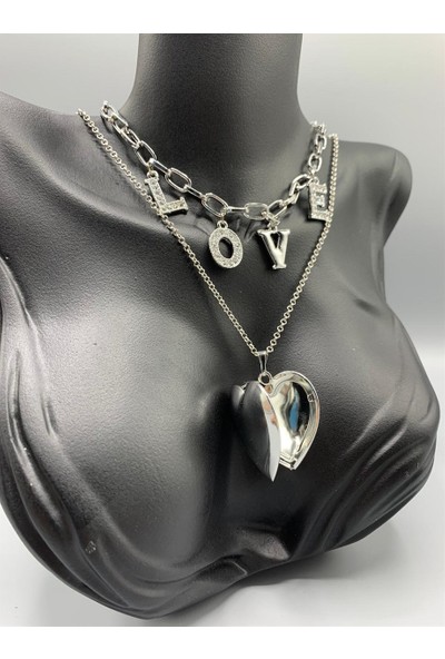 Bujiteri Dükkanı Gümüş Renkli Zirkon Taşlı Love Yazılı Büyük Kalpli Set Kolye Bujiteri Dükkanı Gümüş Renkli Zirkon Taşlı Love Yazılı Büyük Kalpli Set Kolye