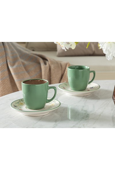 English Home Perile Seramik 2'li Kahve Fıncan Takımı 95 ml Yeşil