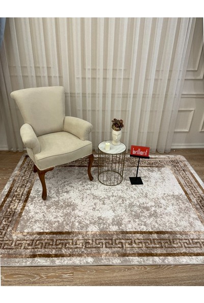 Brillant Klasik Desen Clorisa Çizgili Lateks Deri Taban Saçaksız Salon Halısı - Bej