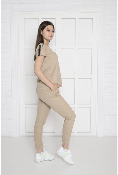 Kadın Spor Koyu Bej Alt-Üst T-Shirt Takım