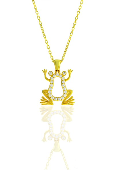 Firizon 925 Ayar Şık Zirkon Taşlı Gold Renk Kurbağa Model Kadın Gümüş Kolye