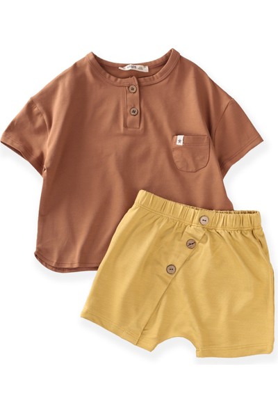 Oversize Kesim Çapraz Pat Detaylı Kaprili Takım 1-5 Yaş Kahve Oversize Kesim Çapraz Pat Detaylı Kaprili Takım 1-5 Yaş Kahve