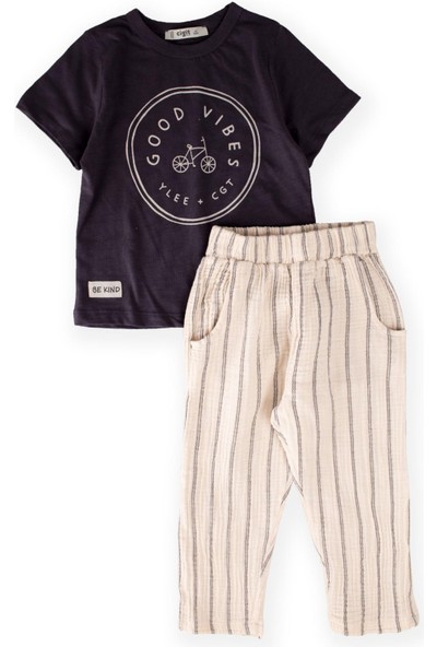 Bisiklet Baskılı Çizgili Müslin Pantolonlu Takım 2-7 Yaş Siyah
