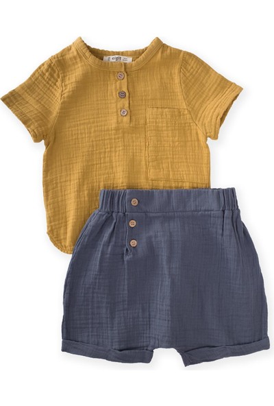 Yarım Patlı Gömlekli Şort Takım 1-5 Yaş Hardal Sarı