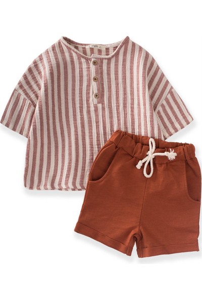 Çizgili Gömlek Kapri Takım 2-8 Yaş Kırmızı