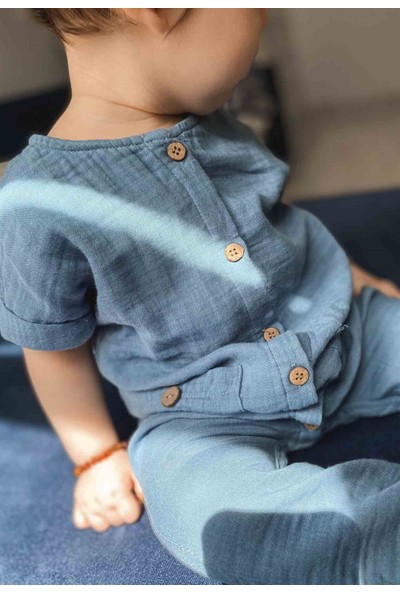 Cigit Büyük Cepli Boydan Patlı Muslin Tulum 0-3 Yaş Indigo Mavi