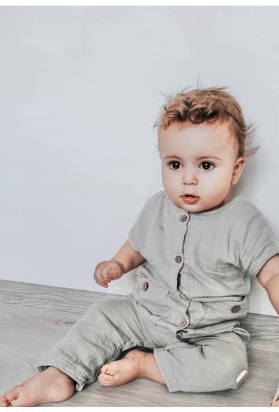Cigit Büyük Cepli Boydan Patlı Muslin Tulum 0-3 Yaş Gri