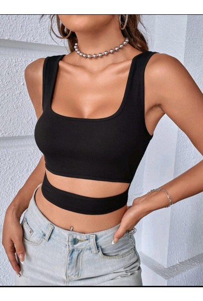 Kadın Kalın Askılı Göbek Dekolteli Crop Bluz
