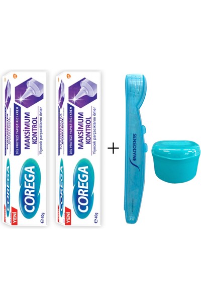 Corega Maximum Kontrol Diş Protezi Yapıştırıcı Krem 40 Gr X 2 Adet + Protez Kabı + Diş Fırçası Kabı Corega Maximum Kontrol Diş Protezi Yapıştırıcı Krem 40 Gr X 2 Adet + Protez Kabı + Diş Fırçası Kabı
