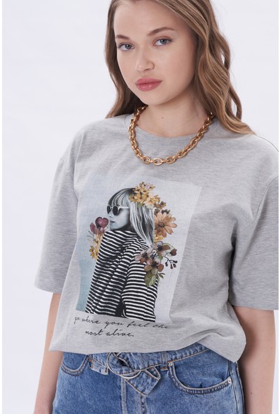 Nalu Gri Melanj Baskılı Kısa Kollu Örme T-Shirt