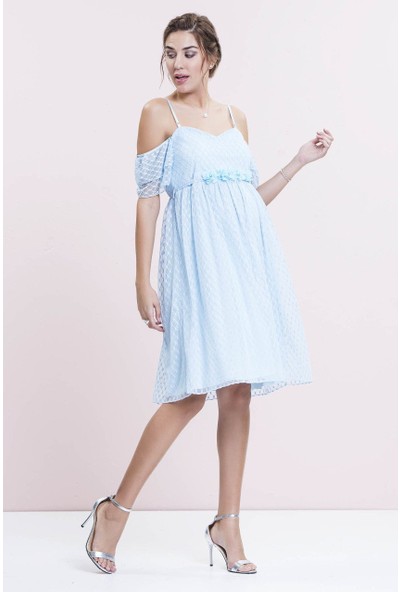 Even Fashion Çiçek Detaylı Tül Kısa Abiye Hamile Elbise Mavi