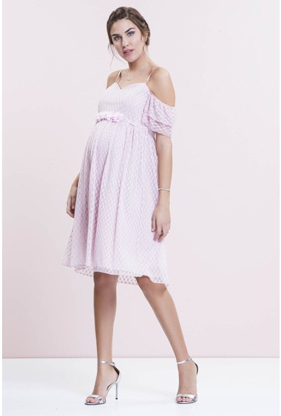 Çiçek Detaylı Tül Kısa Abiye Hamile Elbise Pembe