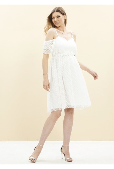 Even Fashion Çiçek Detaylı Tül Kısa Abiye Hamile Elbise Beyaz