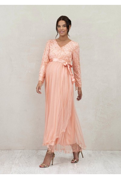 Inci Detaylı Tül Uzun Abiye Hamile Elbise