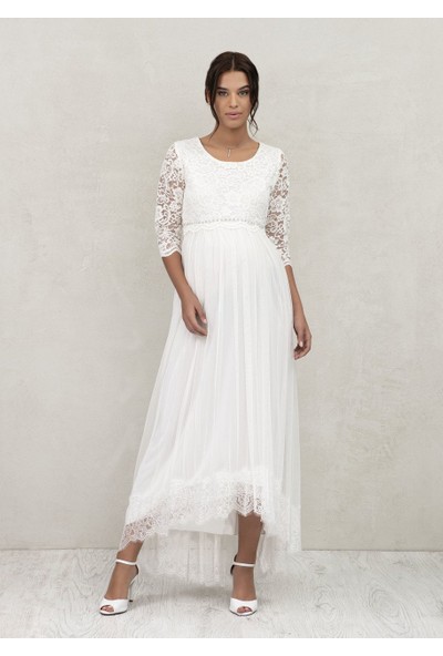 Tül Detaylı Uzun Abiye Hamile Elbise