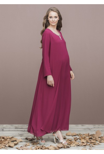 Kolyeli Uzun Kollu Abiye Hamile Elbise