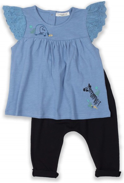 Cigit Kolları Bordürlü Nakışlı Taytlı Tunik Takım 1-5 Yaş Indigo Mavi