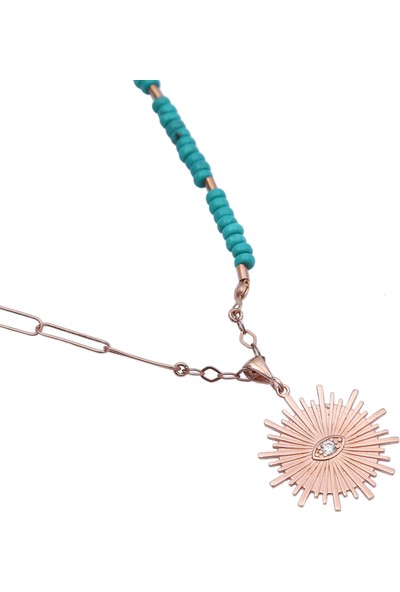 Zincirli Mavi Boncuklu Göz Detay Gümüş Kolye Zincirli Mavi Boncuklu Göz Detay Gümüş Kolye