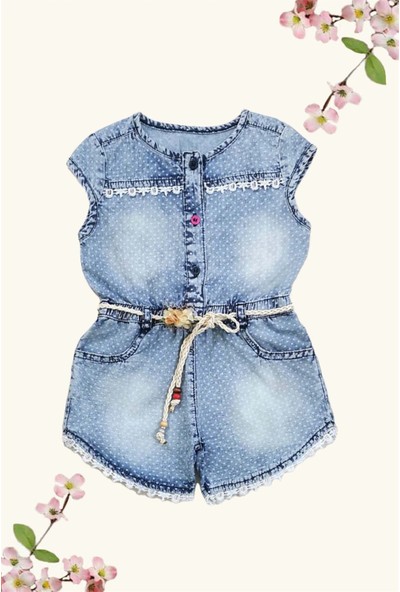 1805 Kız Çocuk Puanlı Dantelli Kot Slopet Mavi