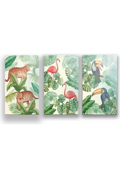 Hayvanlı Soyut Üçlü Cam Tablo