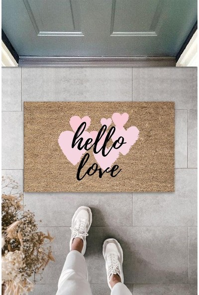 Daha Yok Mu Pembe Kapı Önü Paspası Hello Love Desen K-3291