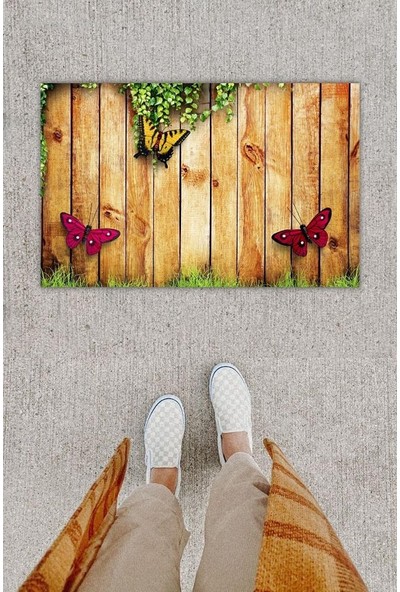 Daha Yok Mu Dijital Baskı Dekoratif 'lü Kelebek Kahverengi Kapı Önü Paspası K-1256