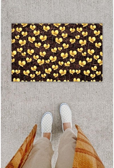 Daha Yok Mu Dijital Baskı Dekoratif Çoklu Çiçek Kahverengi Kapı Önü Paspası K-1210