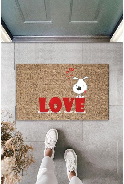Daha Yok Mu Dijital Baskı Kahverengi Kırmızı Love Yazılı Beyaz Köpek Dekoratif Kapı Paspası K-2013 Daha Yok Mu Dijital Baskı Kahverengi Kırmızı Love Yazılı Beyaz Köpek Dekoratif Kapı Paspası K-2013