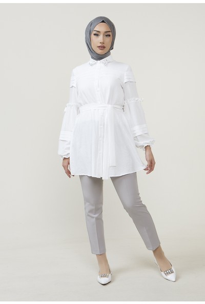 Ekru Kemerli Düğme Detaylı Bluz 2225020 Ekru Kemerli Düğme Detaylı Bluz 2225020