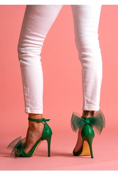 Divolya Criss Yeşil Fiyonklu Ince Topuklu Günlük Ayakkabı