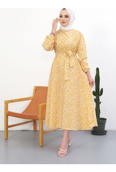 İlkimay Yarasa Kol Dina Çıtır Çiçek Desen Kuşaklı Tesettür Elbise 298 - Sarı