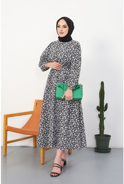 İlkimay Yarasa Kol Dina Çıtır Çiçek Desen Kuşaklı Tesettür Elbise 298 - Siyah