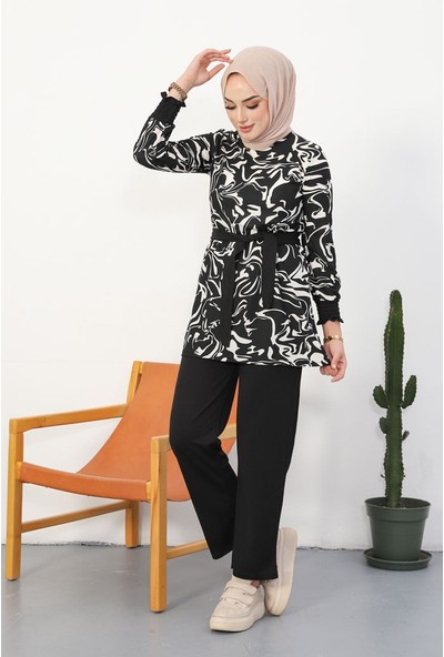 İlkimay Çizgi Desen Elis Kuşaklı Tunik Pantolon Ikili Takım 275 - Beyaz