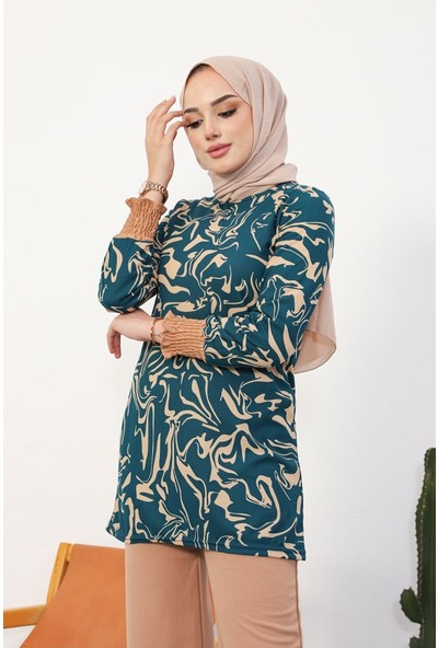 İlkimay Çizgi Desen Elis Kuşaklı Tunik Pantolon Ikili Takım 275 - Petrol Yeşili