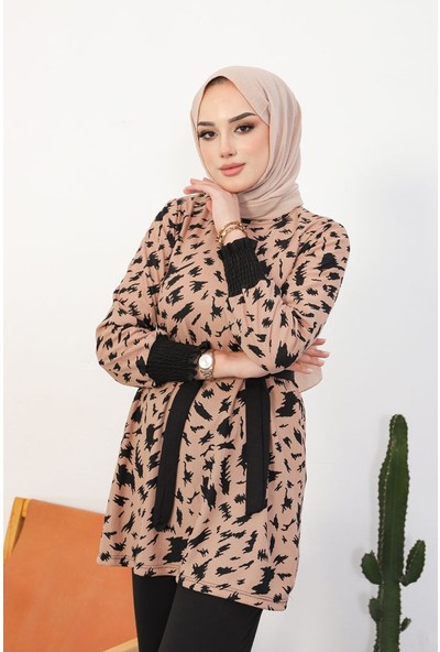 İlkimay Lima Kuşaklı Fırça Desen Tunik Pantolon Ikili Takım 274 - Vizon İlkimay Lima Kuşaklı Fırça Desen Tunik Pantolon Ikili Takım 274 - Vizon