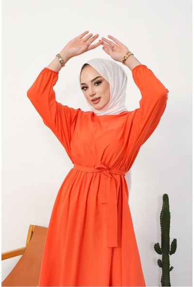 İlkimay Arla Kuşaklı Yarasa Kol Tesettür Elbise 294 - Turuncu