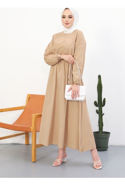 İlkimay Arla Kuşaklı Yarasa Kol Tesettür Elbise 294 - Vizon