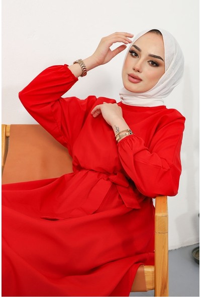 İlkimay Arla Kuşaklı Yarasa Kol Tesettür Elbise 294 - Kırmızı
