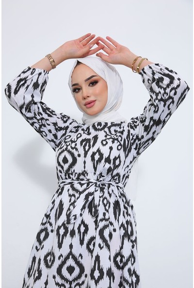 İlkimay Kuşaklı Etnik Desen Asilay Tesettür Elbise 289 - Siyah