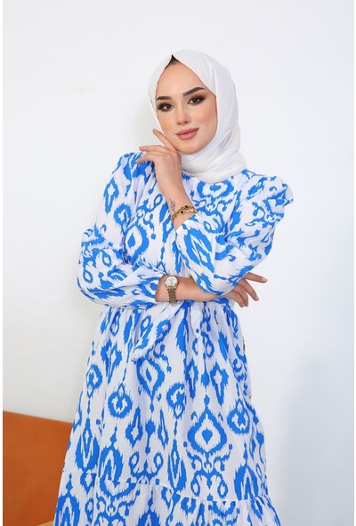 İlkimay Kuşaklı Etnik Desen Asilay Tesettür Elbise 289 - Indigo