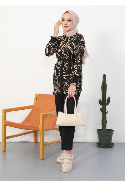 İlkimay Çizgi Desen Elis Kuşaklı Tunik Pantolon Ikili Takım 275 - Siyah