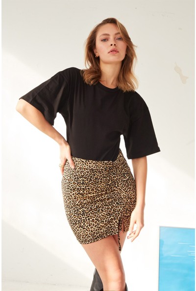 Vatkalı Büzgülü Leopar Desenli Etek